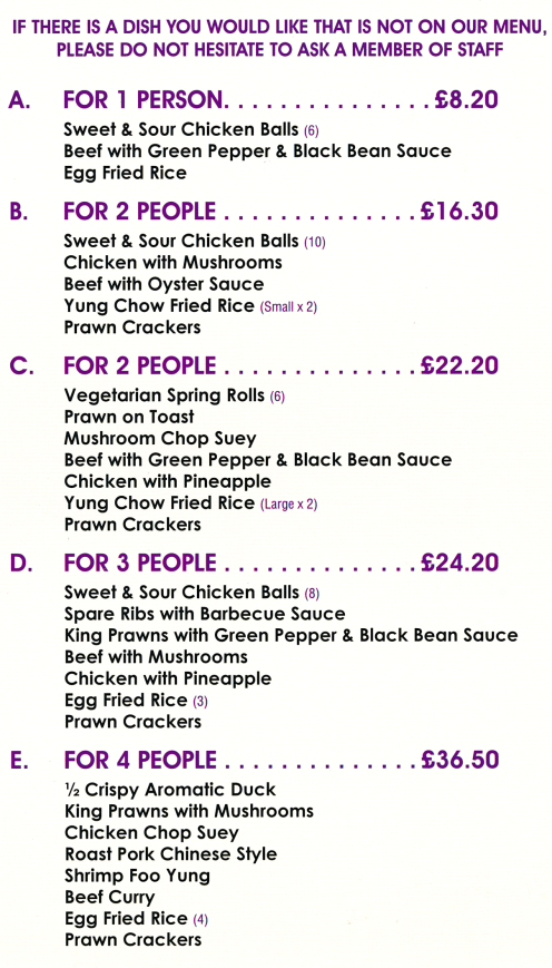 Golden Palace's menu; Chinese food takeaway in Sutton-In-Ashfield