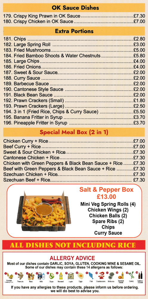 China Garden's menu; Chinese takeaway in Cinderhill, Nottingham