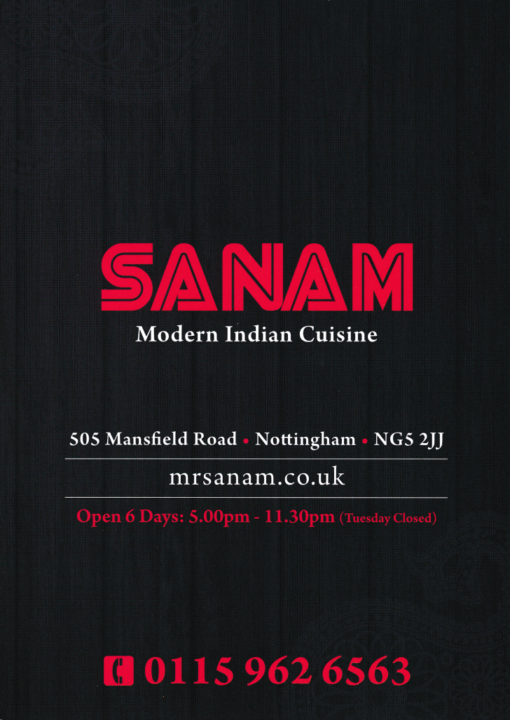 Sanam's menu; Indian food takeaway and delivery in Sherwood