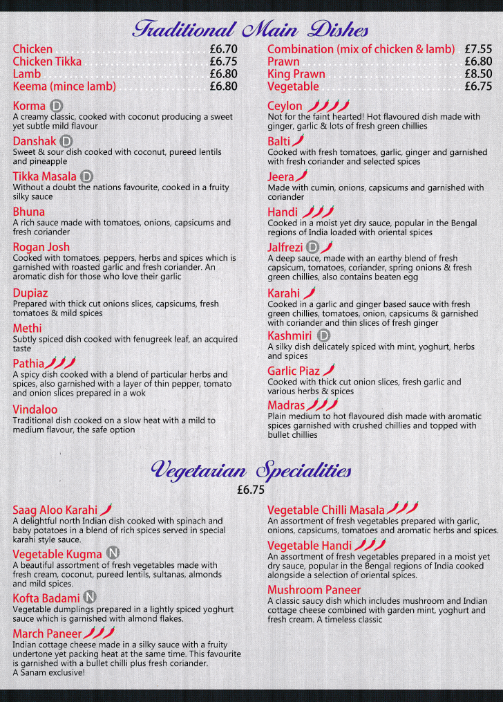 Sanam's menu; Indian food takeaway and delivery in Sherwood