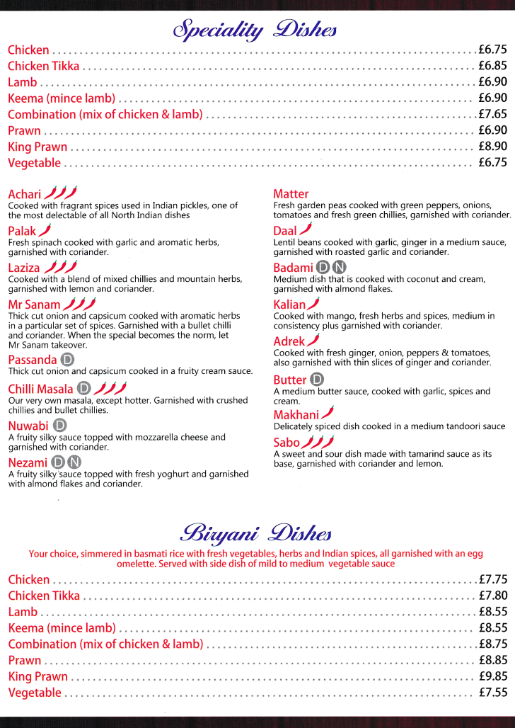 Sanam's menu; Indian food takeaway and delivery in Sherwood