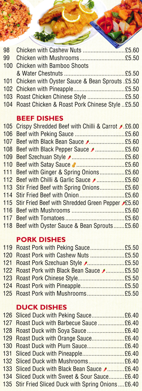 Menu for Spring Chinese & Cantonese cuisine takeaway in Bingham