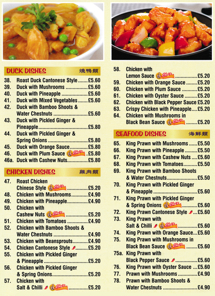 The Village's menu Chinese and Cantonese takeaway in West Hallam
